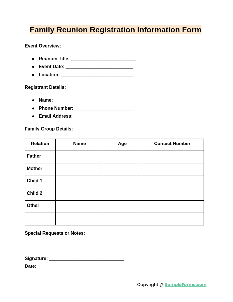 FREE 13+ Family Reunion Registration Form Samples, PDF, MS Word, Google ...