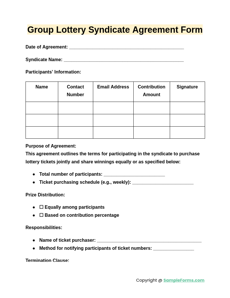 FREE 12+ Lottery Syndicate Agreement Form Samples, PDF, MS Word, Google ...
