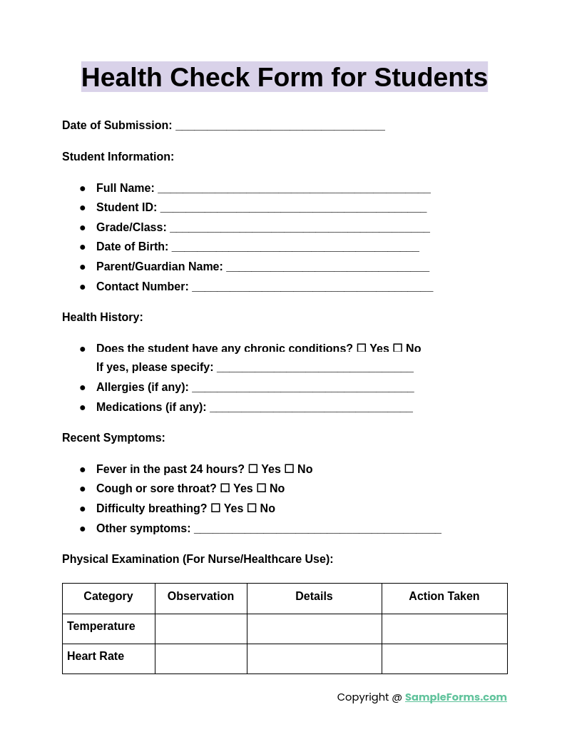 FREE 12+ Health Check Form Samples, PDF, MS Word, Google Docs