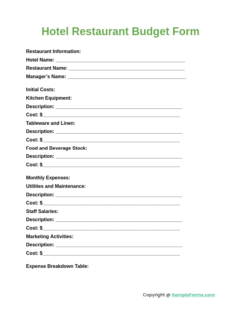 FREE 8+ Restaurant Budget Form Samples, PDF, MS Word, Google Docs, Excel