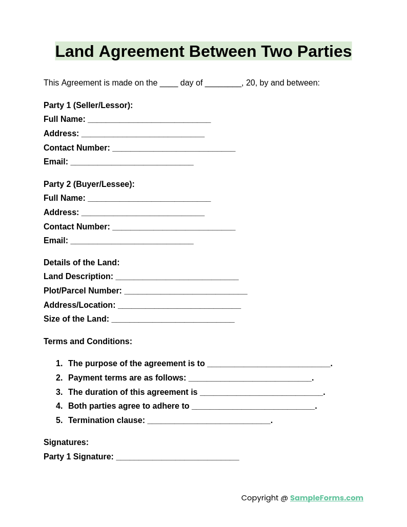 FREE 12+ Land Agreement Form Samples, PDF, MS Word, Google Docs