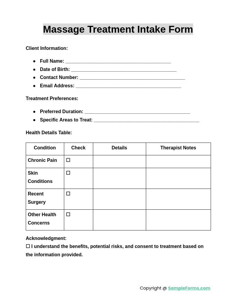 FREE 10+ Massage Intake Form Samples, PDF, MS Word, Google Docs