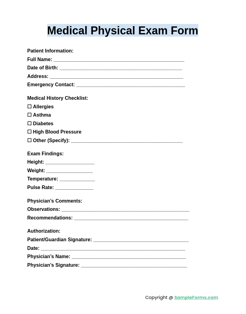 FREE 13+ Physical Exam Form Samples, PDF, MS Word, Google Docs