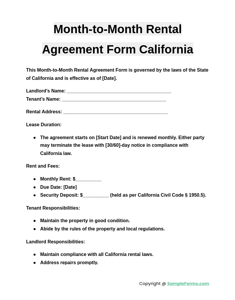 FREE 11+ Month-to-Month Rental Agreement Form Samples, PDF, MS Word ...