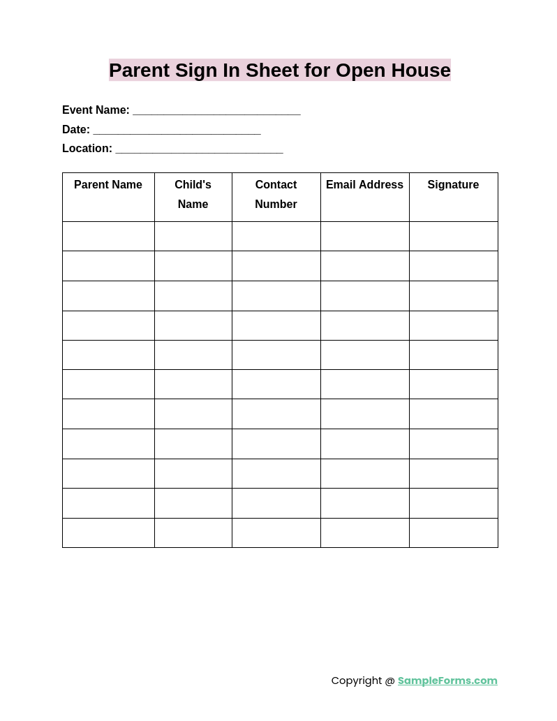 FREE 12+ Parent Sign In Sheet Samples, PDF, MS Word, Google Docs, Excel