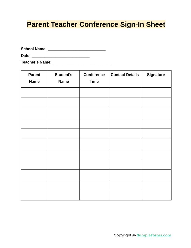 FREE 12+ Parent Sign In Sheet Samples, PDF, MS Word, Google Docs, Excel