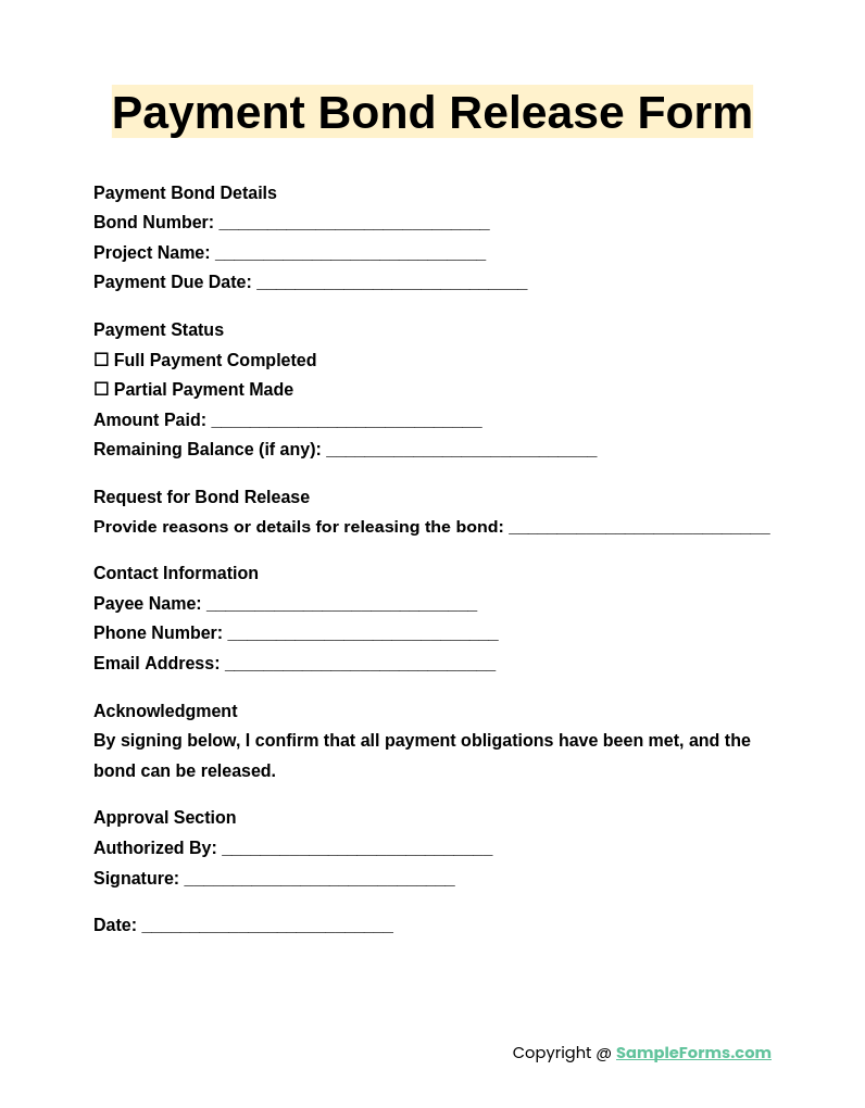 FREE 13+ Bond Release Form Samples, PDF, MS Word, Google Docs