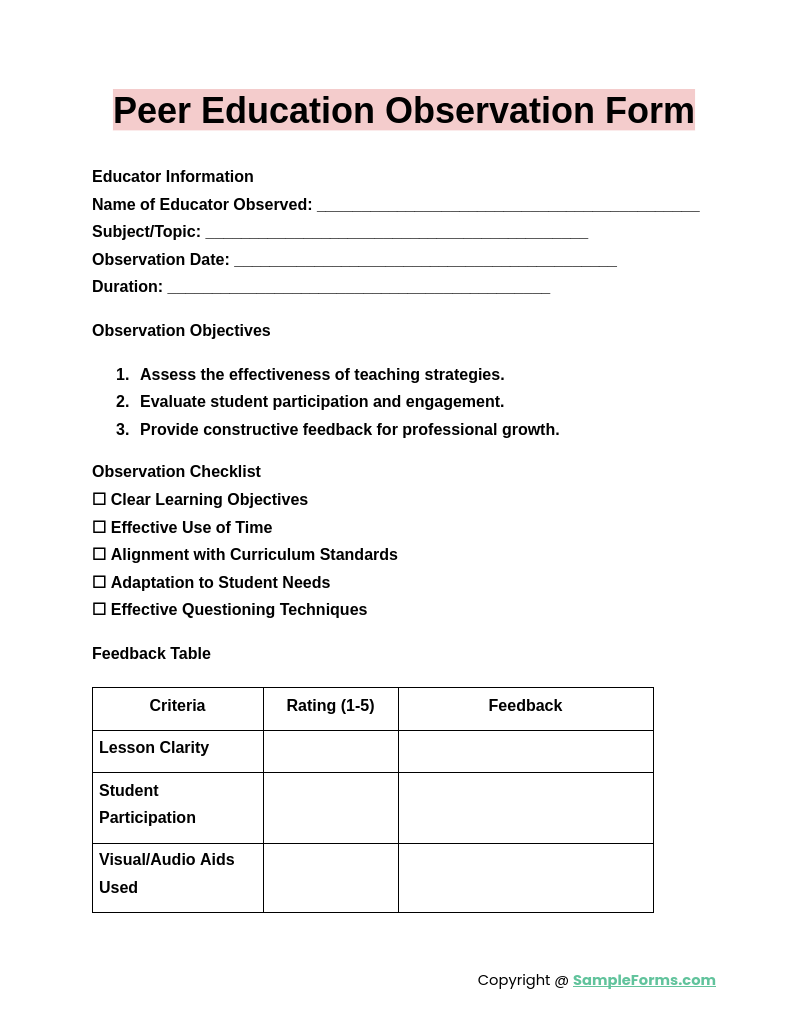 FREE 8+ Peer Observation Form Samples, PDF, MS Word, Google Docs