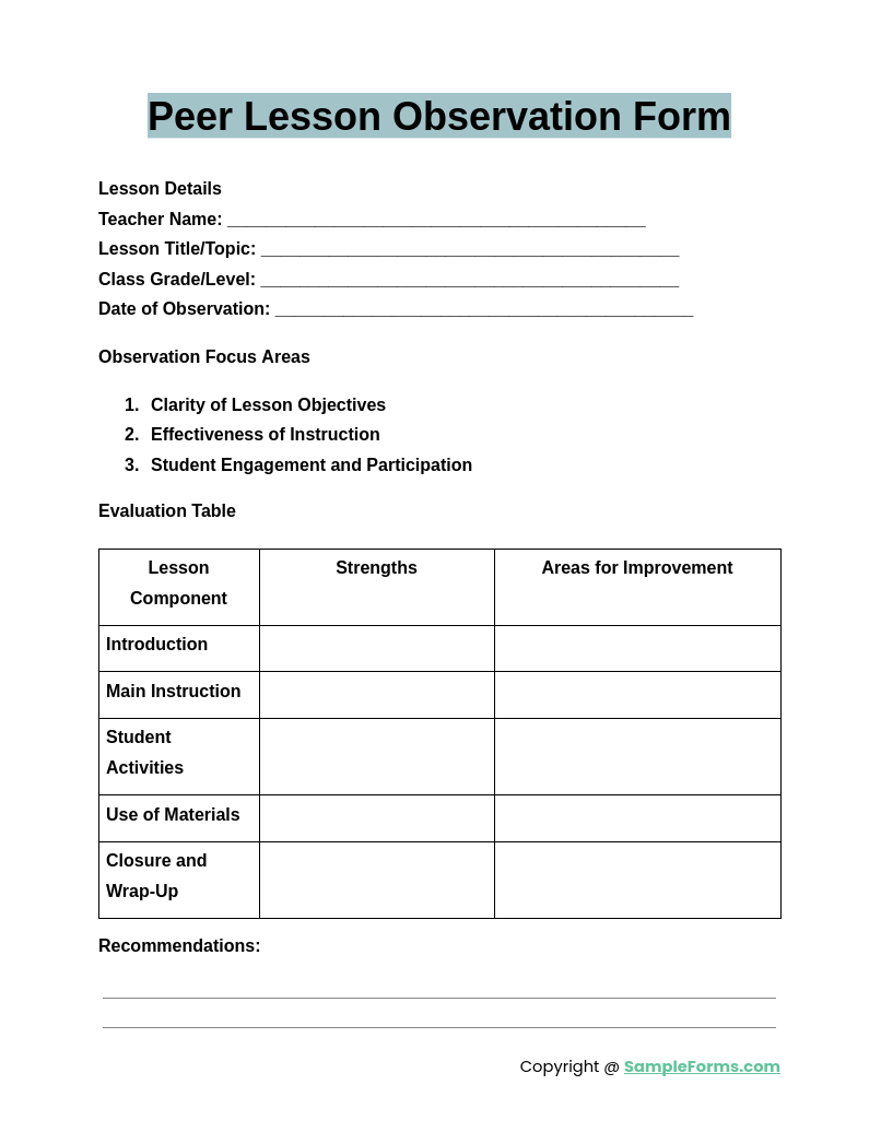 FREE 8+ Peer Observation Form Samples, PDF, MS Word, Google Docs