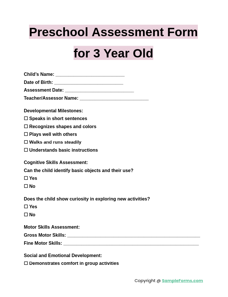 FREE 13+ Preschool Assessment Form Samples, PDF, MS Word, Google Docs