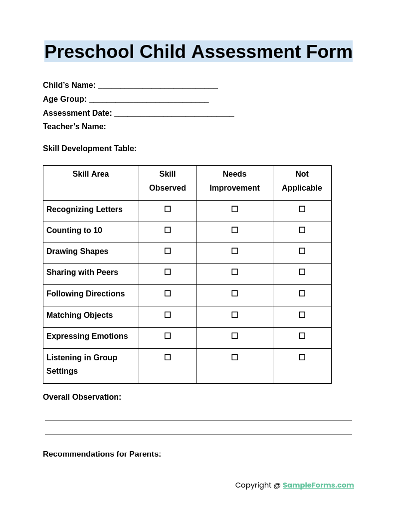 FREE 13+ Preschool Assessment Form Samples, PDF, MS Word, Google Docs