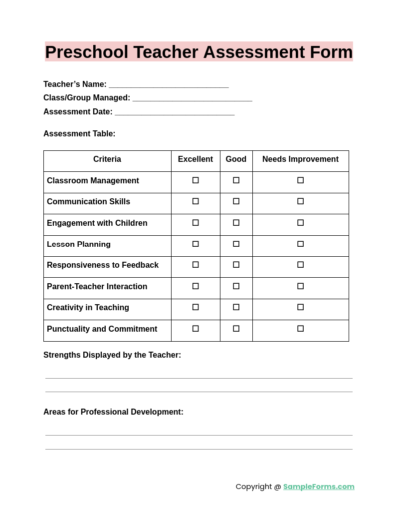 FREE 13+ Preschool Assessment Form Samples, PDF, MS Word, Google Docs