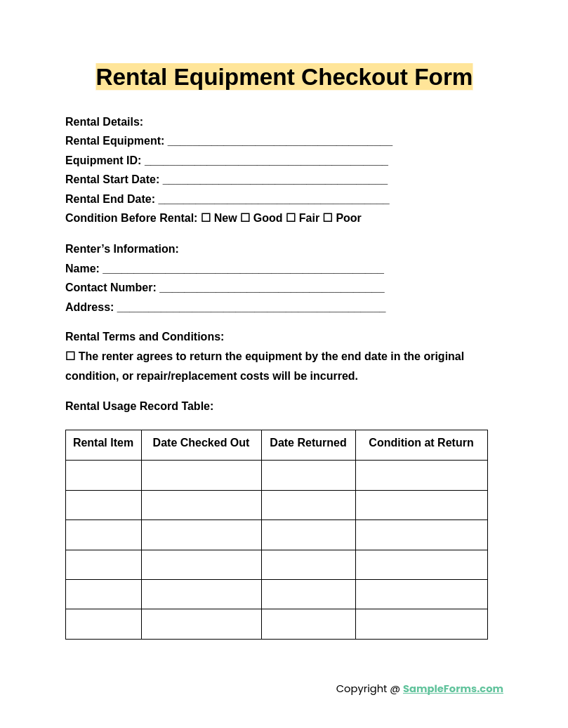 FREE 13+ Equipment Checkout Form Samples, PDF, MS Word, Google Docs, Excel