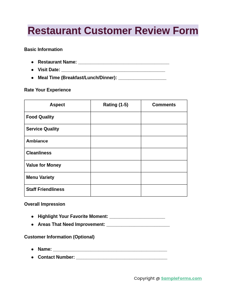 FREE 11+ Restaurant Review Form Samples, PDF, MS Word, Google Docs