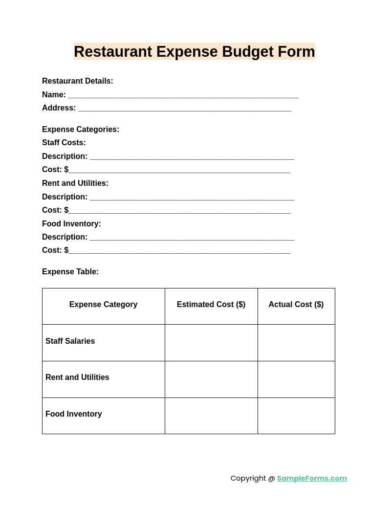 FREE 8+ Restaurant Budget Form Samples, PDF, MS Word, Google Docs, Excel