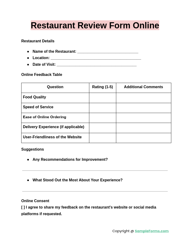 FREE 11+ Restaurant Review Form Samples, PDF, MS Word, Google Docs