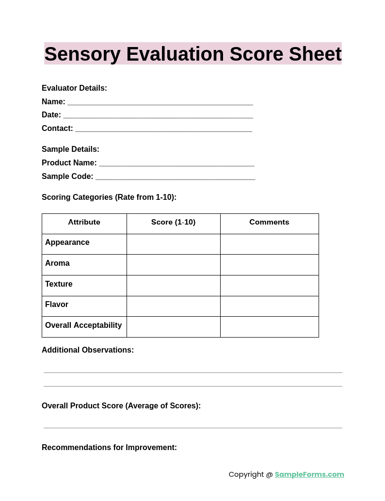 FREE 12+ Sensory Evaluation Form Samples, PDF, MS Word, Google Docs