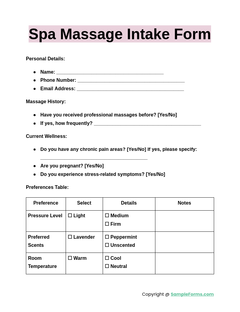 FREE 10+ Massage Intake Form Samples, PDF, MS Word, Google Docs