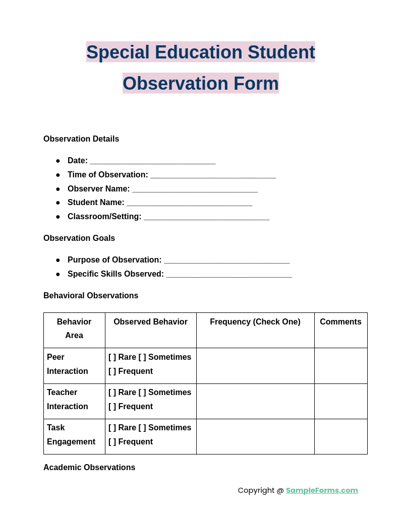 FREE 10+ Student Observation Form Samples, PDF, MS Word, Google Docs, Excel