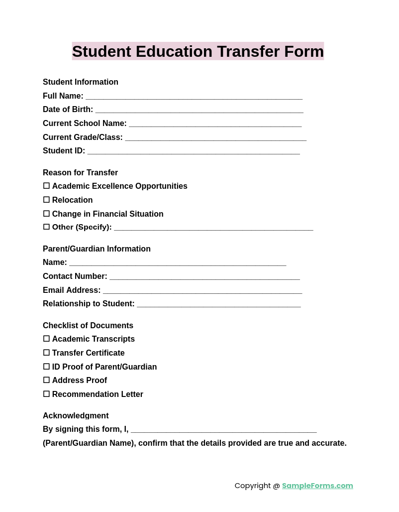 FREE 15+ Student Transfer Form Samples, PDF, MS Word, Google Docs, Excel