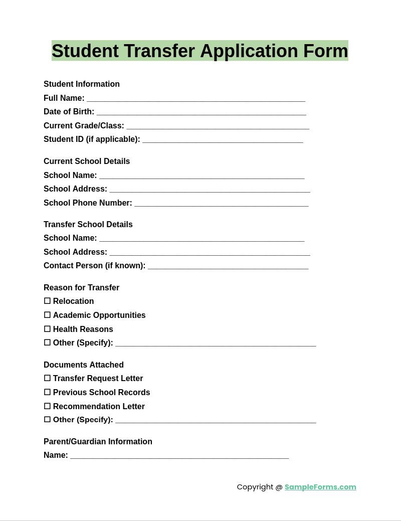 FREE 15+ Student Transfer Form Samples, PDF, MS Word, Google Docs, Excel