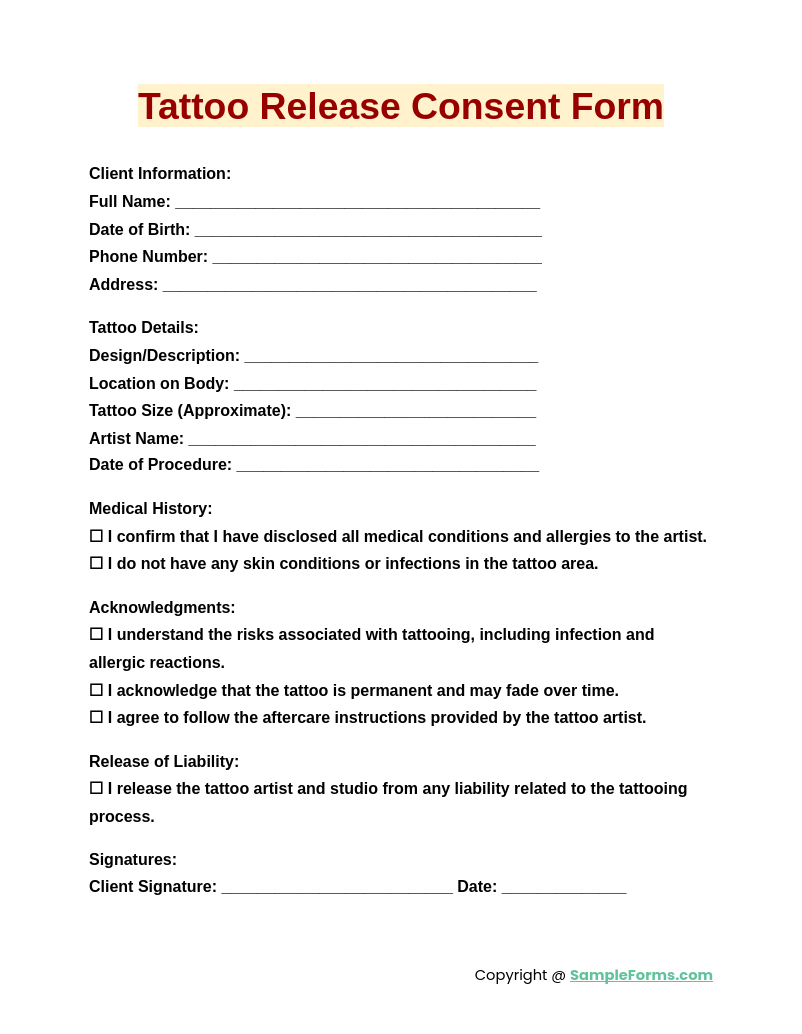 FREE 10+ Tattoo Consent Form Samples, PDF, MS Word, Google Docs