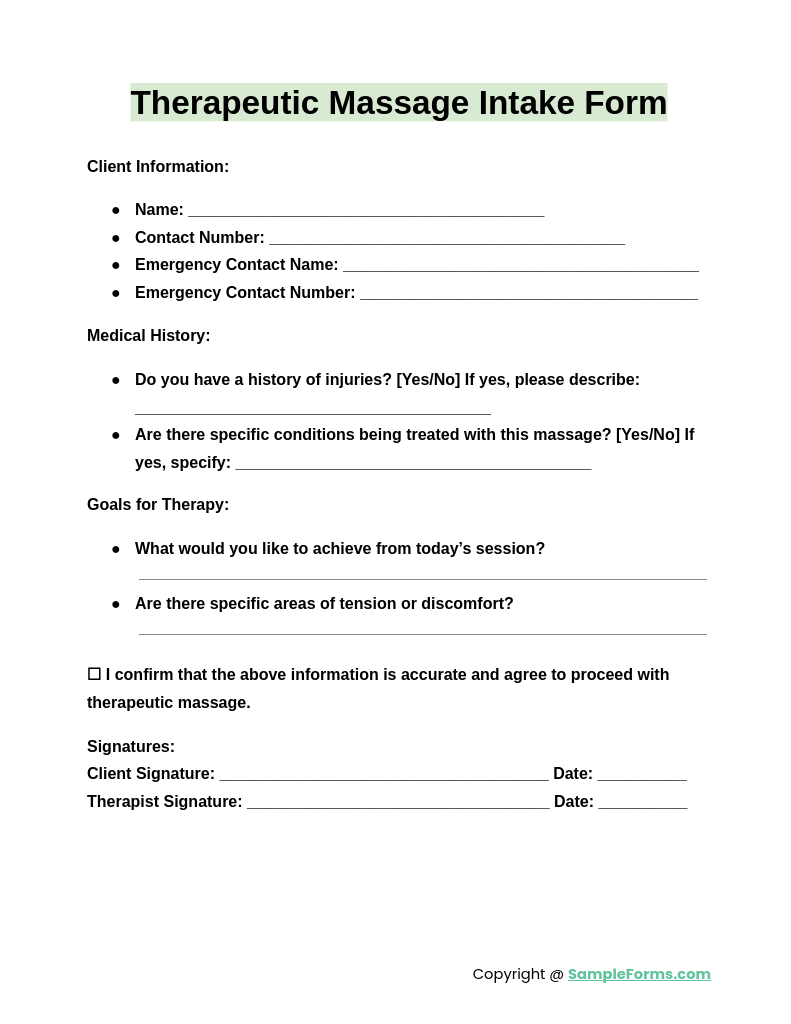FREE 10+ Massage Intake Form Samples, PDF, MS Word, Google Docs