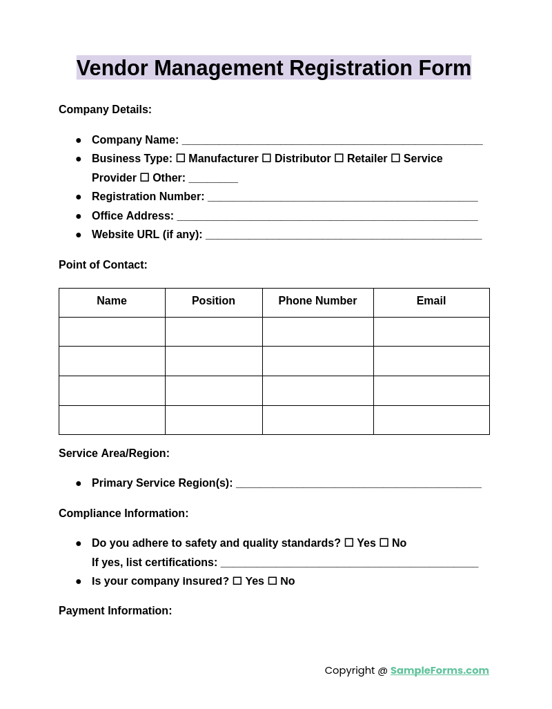 FREE 10+ Vendor Registration Form Samples, PDF, MS Word, Google Docs, Excel