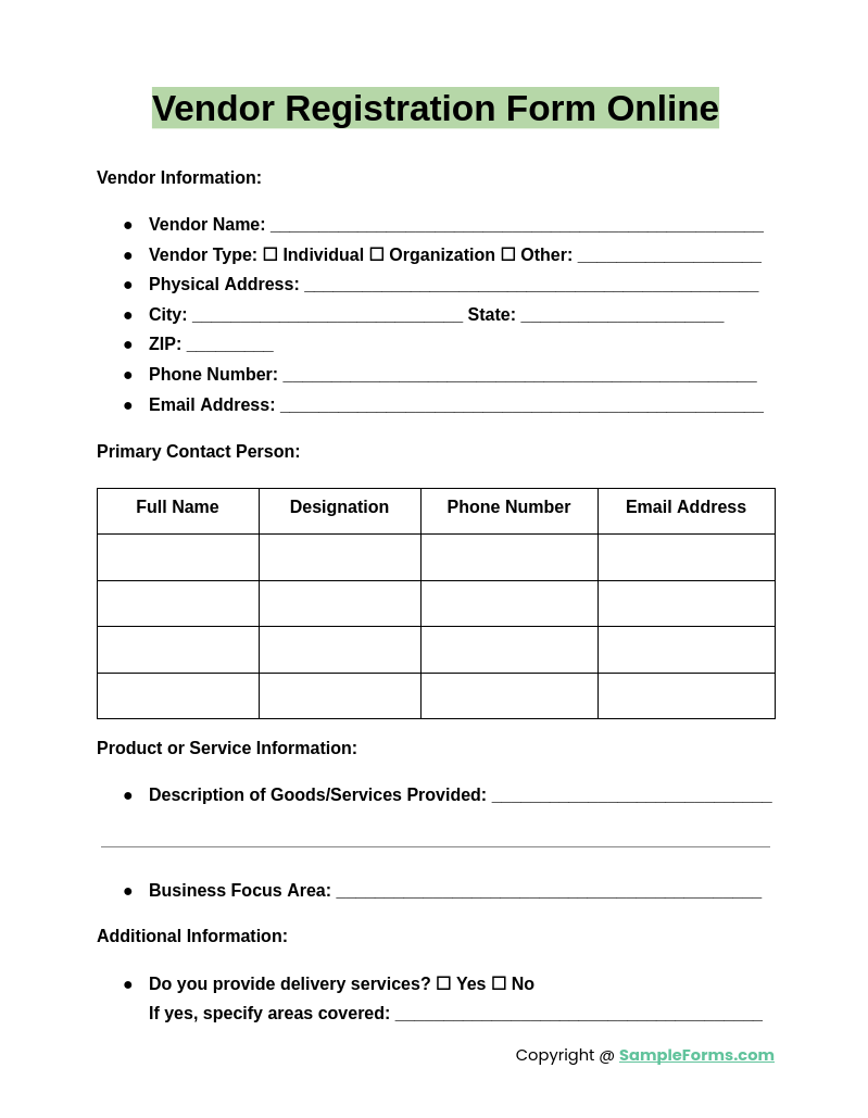 FREE 10+ Vendor Registration Form Samples, PDF, MS Word, Google Docs, Excel