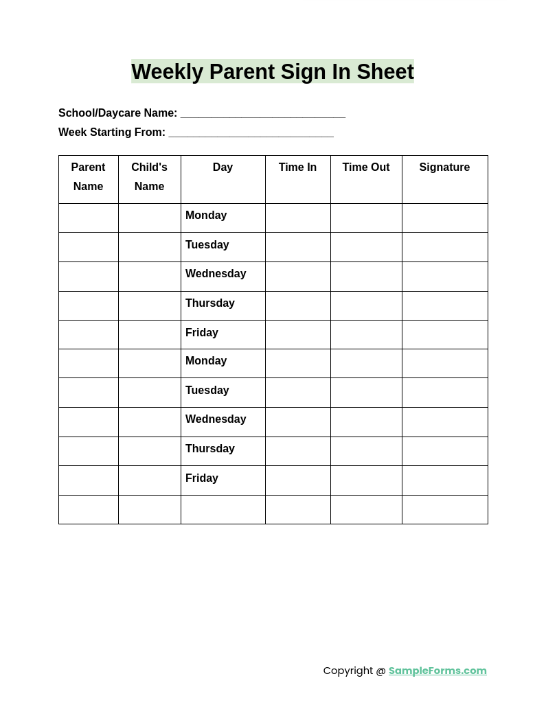 FREE 12+ Parent Sign In Sheet Samples, PDF, MS Word, Google Docs, Excel