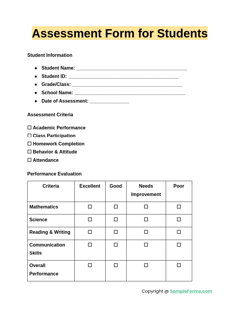 FREE 36+ Assessment Form Samples, PDF, MS Word, Google Docs