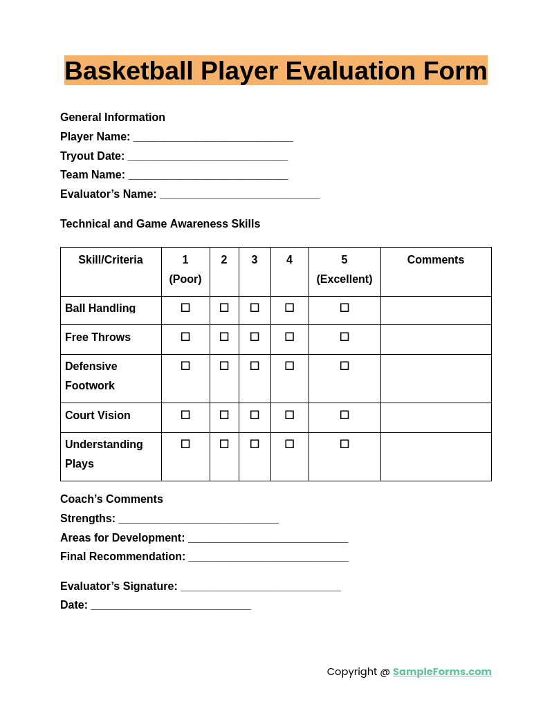 FREE 1+ Basketball Evaluation Form Samples, PDF, MS Word, Google Docs