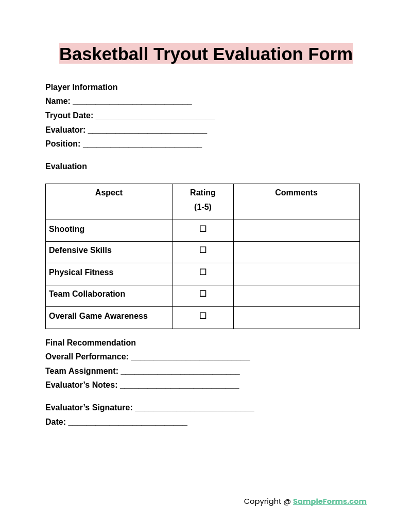 FREE 1+ Basketball Evaluation Form Samples, PDF, MS Word, Google Docs