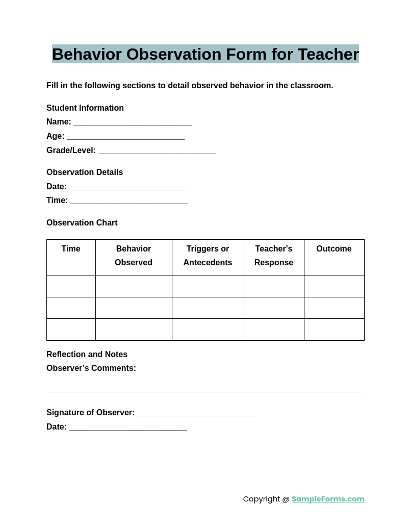 FREE 8+ Behavior Observation Form Samples, PDF, MS Word, Google Docs