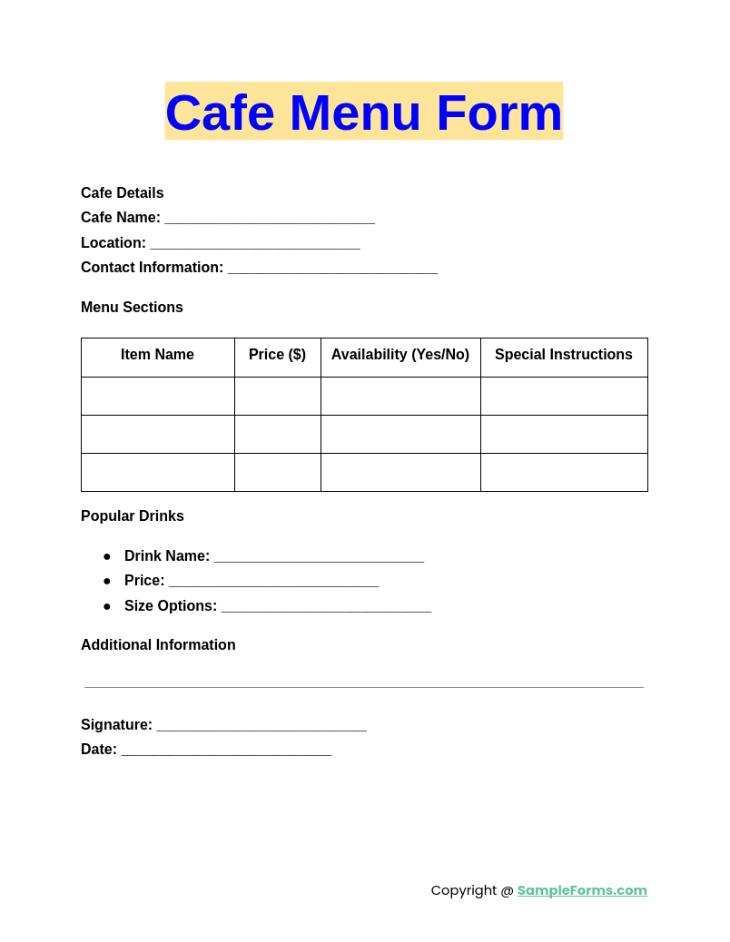 FREE 22+ Menu Form Samples, PDF, MS Word, Google Docs
