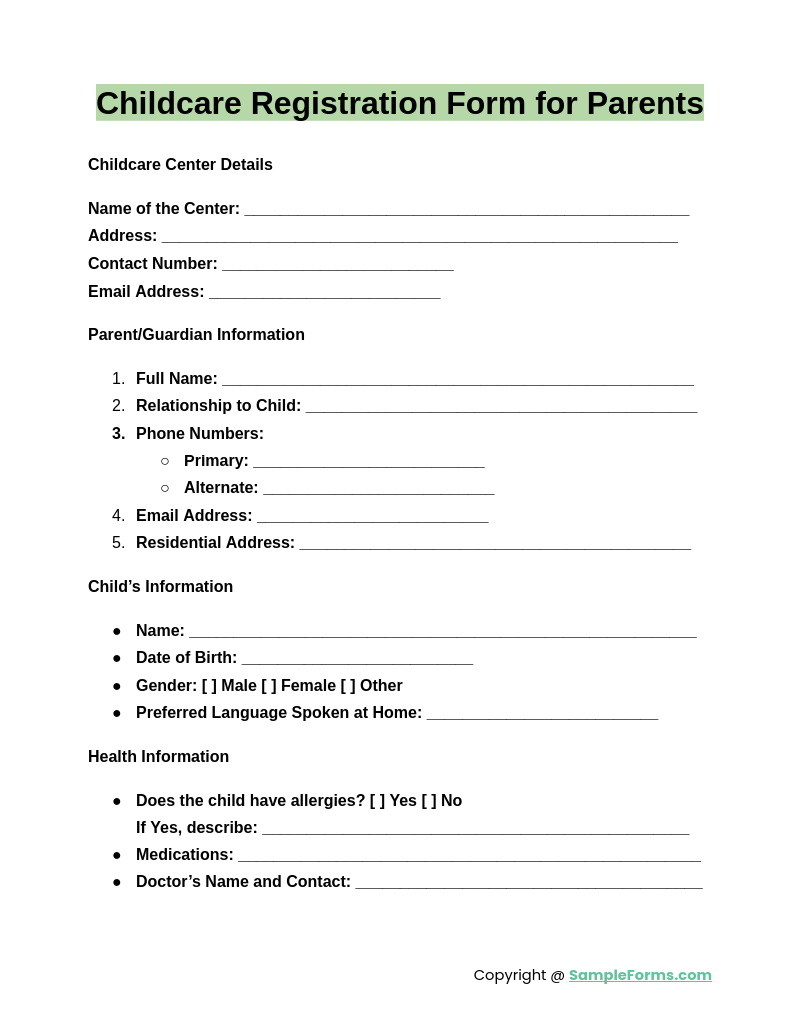 FREE 53+ Childcare Registration Form Samples, PDF, MS Word, Google Docs