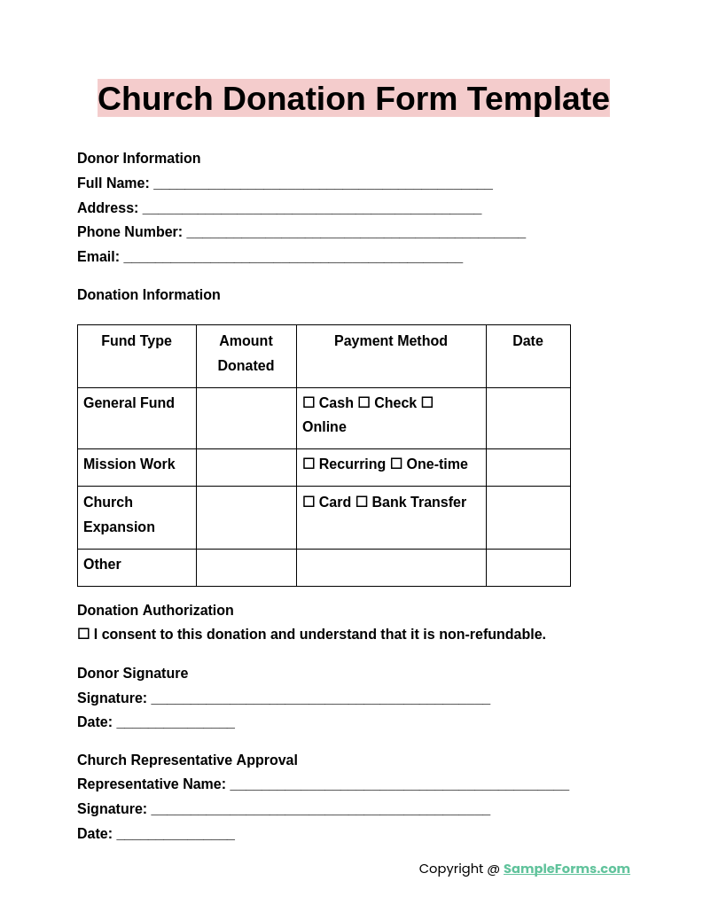FREE 9+ Church Donation Form Samples, PDF, MS Word, Google Docs, Excel