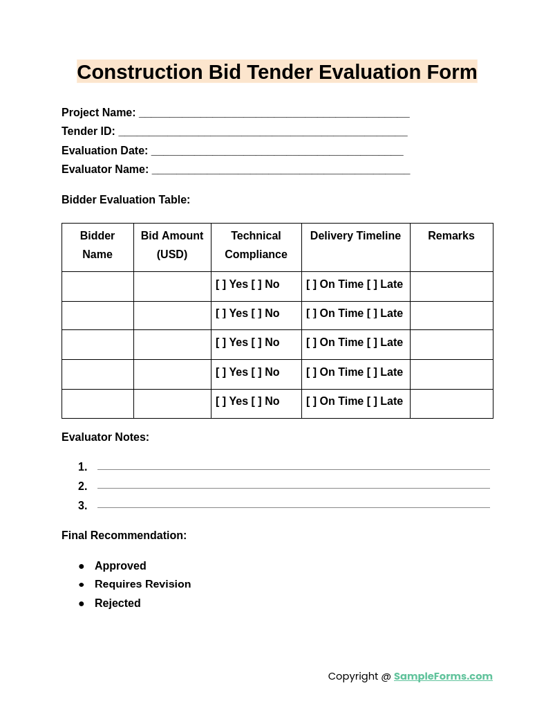 FREE 11+ Bid Evaluation Form Samples, PDF, MS Word, Google Docs