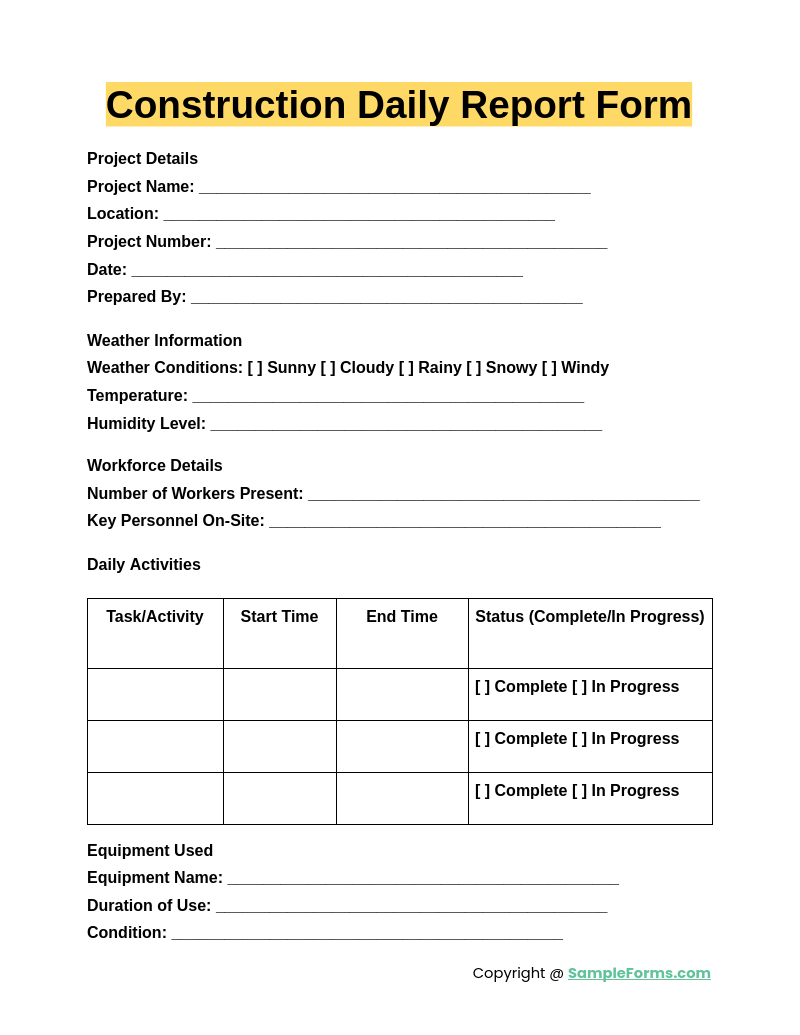 FREE 15+ Construction Report Form Samples, PDF, MS Word, Google Docs, Pages
