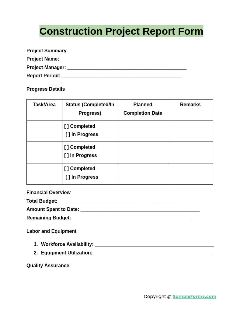 FREE 15+ Construction Report Form Samples, PDF, MS Word, Google Docs, Pages
