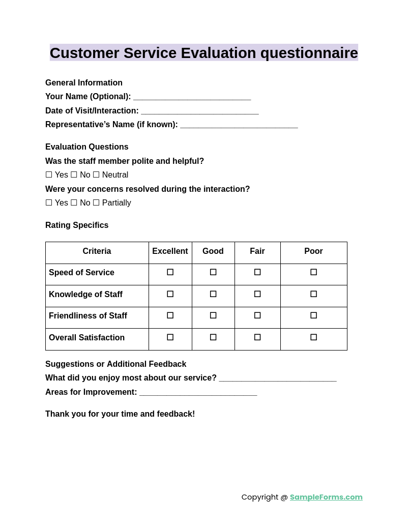 FREE 18+ Customer Service Evaluation Form Samples, PDF, MS Word, Google ...