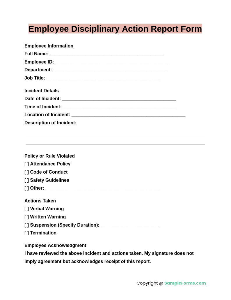 FREE 11+ Employee Disciplinary Action Form Samples, PDF, MS Word ...