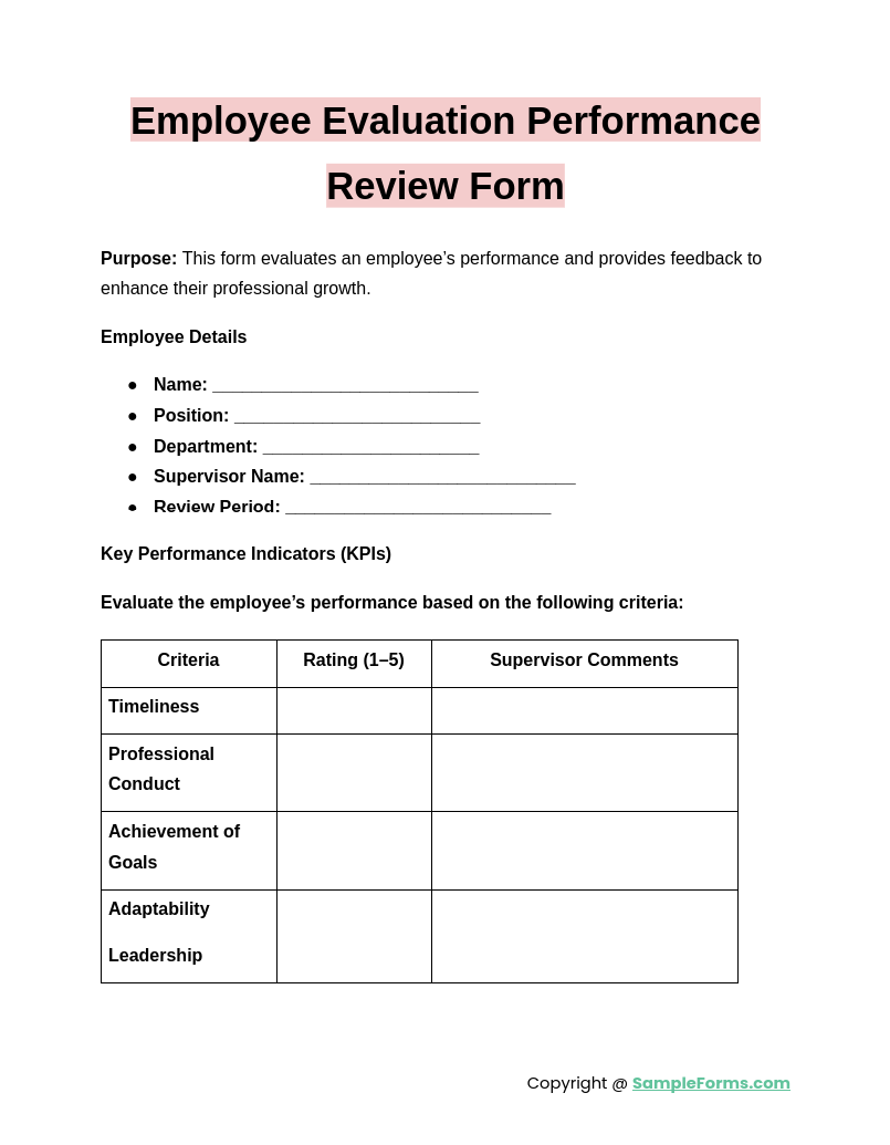 FREE 13+ Employee Performance Review Form Samples, PDF, MS Word, Google ...