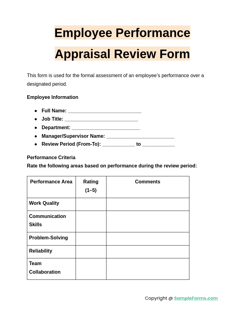 FREE 13+ Employee Performance Review Form Samples, PDF, MS Word, Google ...