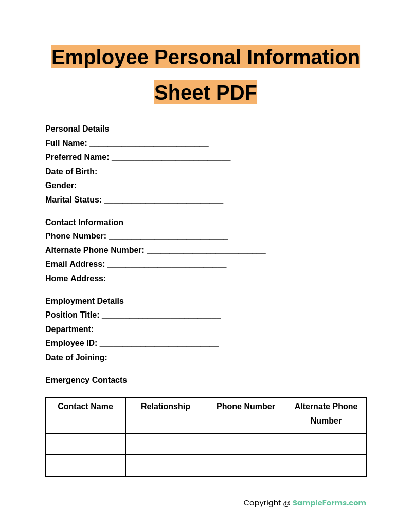 FREE 12 Employee Personal Information Form Samples PDF MS Word FREE 12 Employee Personal Information Form Samples PDF MS Word