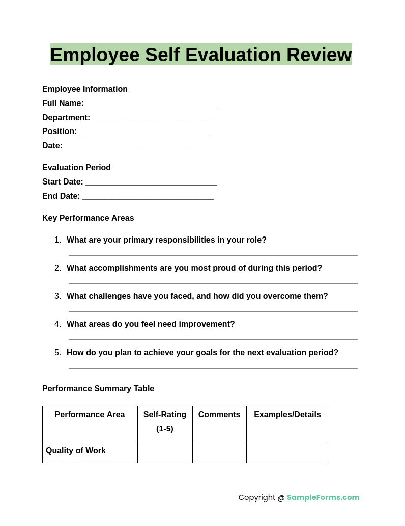 FREE 11+ Employee Self Evaluation Samples, PDF, MS Word, Google Docs