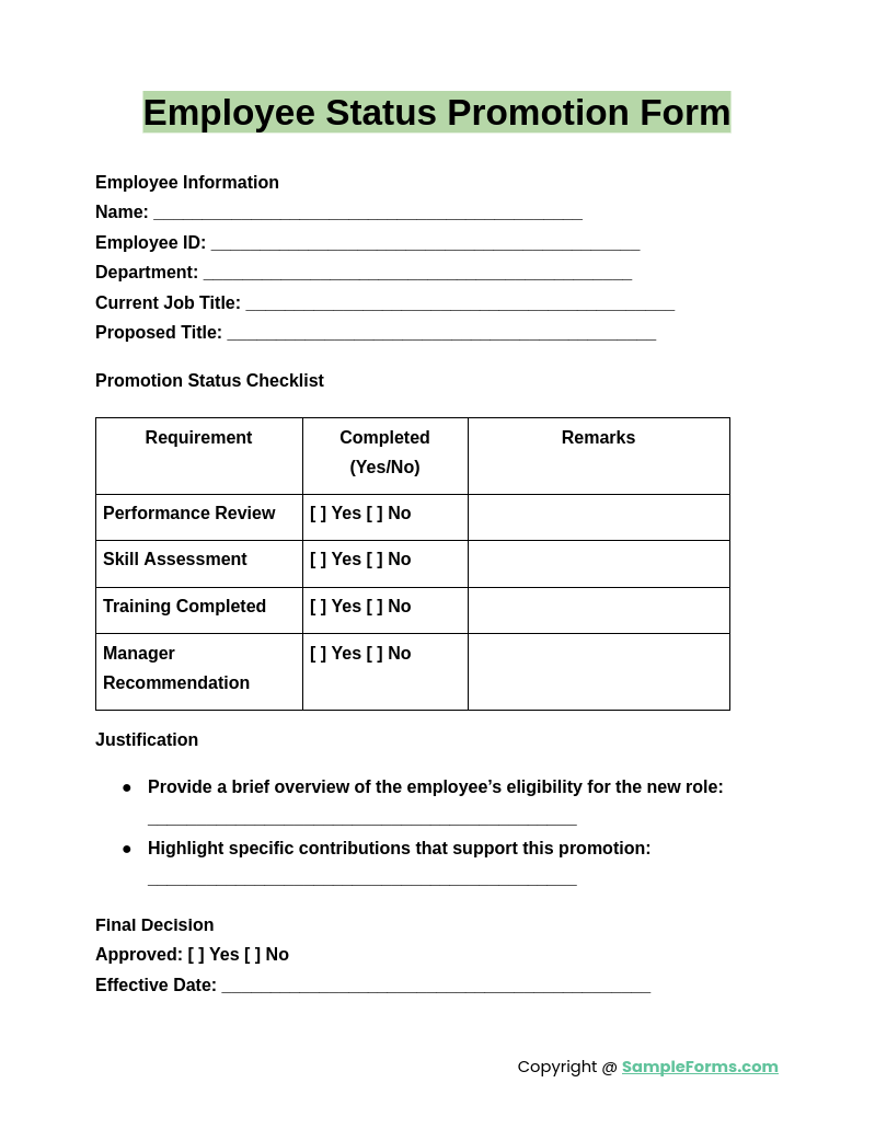 FREE 13+ Employee Promotion Form Samples, PDF, MS Word, Google Docs, Excel