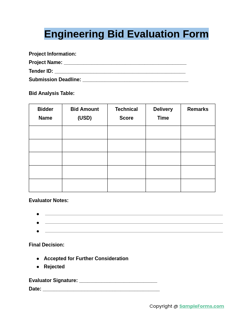 FREE 11+ Bid Evaluation Form Samples, PDF, MS Word, Google Docs