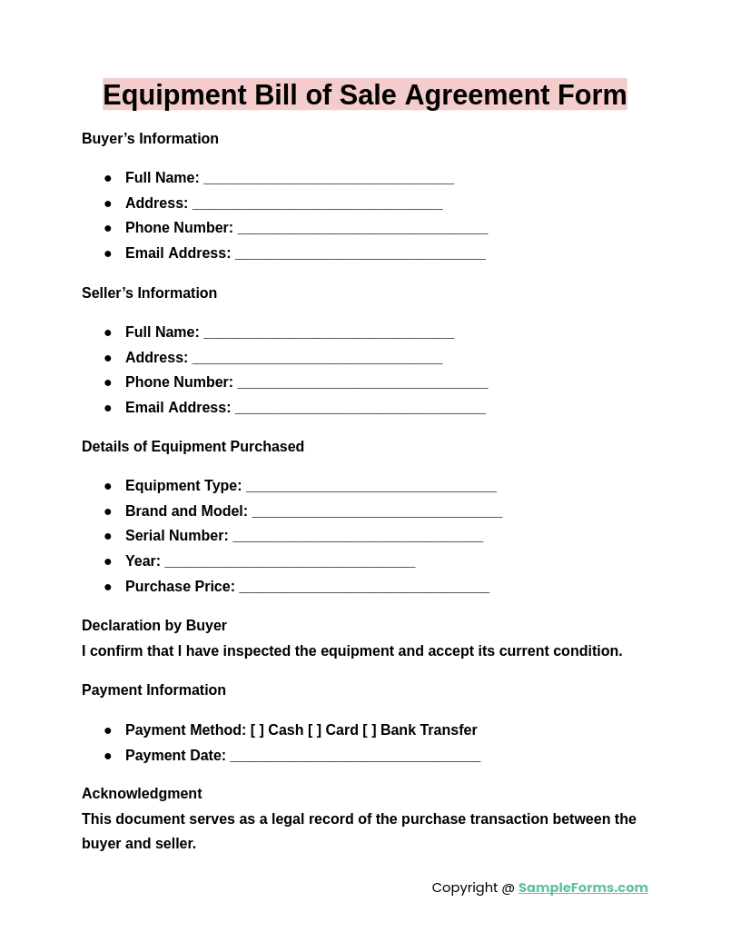 FREE 10+ Equipment Bill of Sale Form Samples, PDF, MS Word, Google Docs