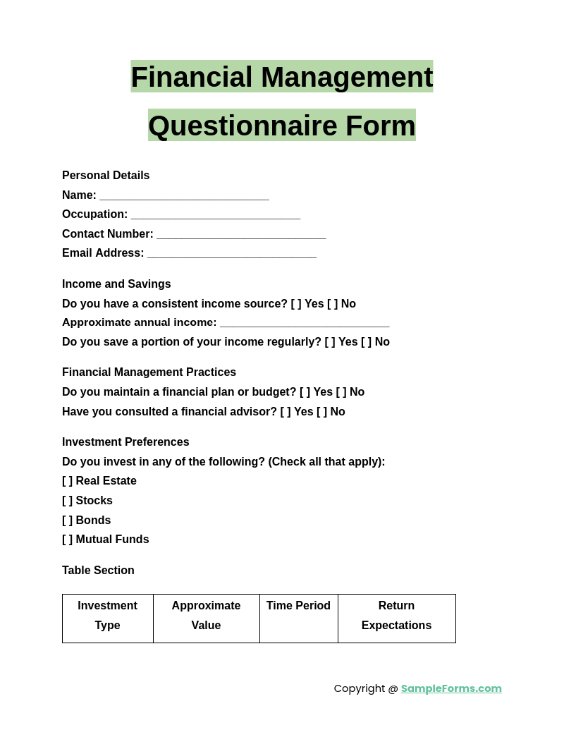 FREE 13+ Financial Questionnaire Form Samples, PDF, MS Word, Google Docs
